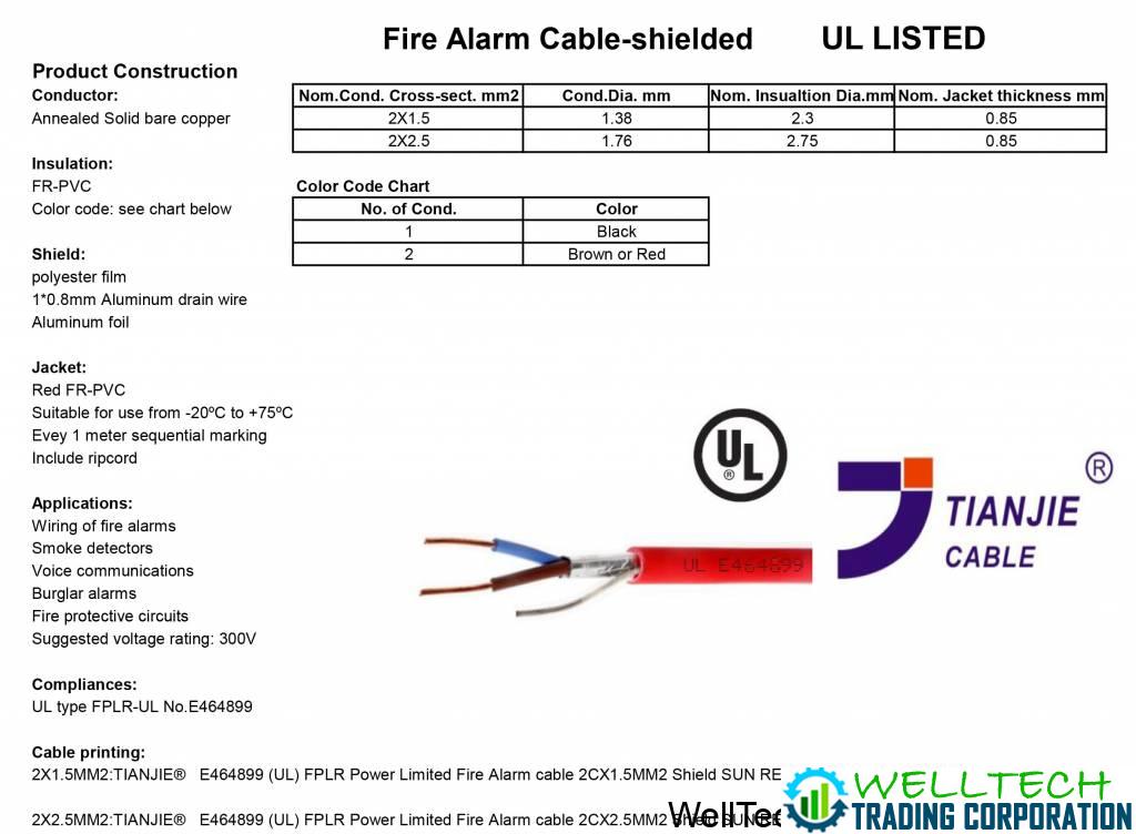 TIANJIE FIRE ALARM CABLE – Welltech Trading Corporation.